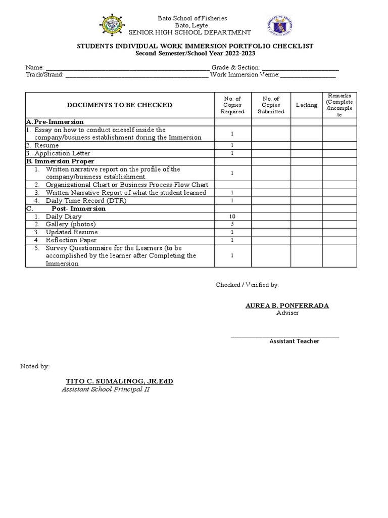 Work Immersion Checklist | PDF