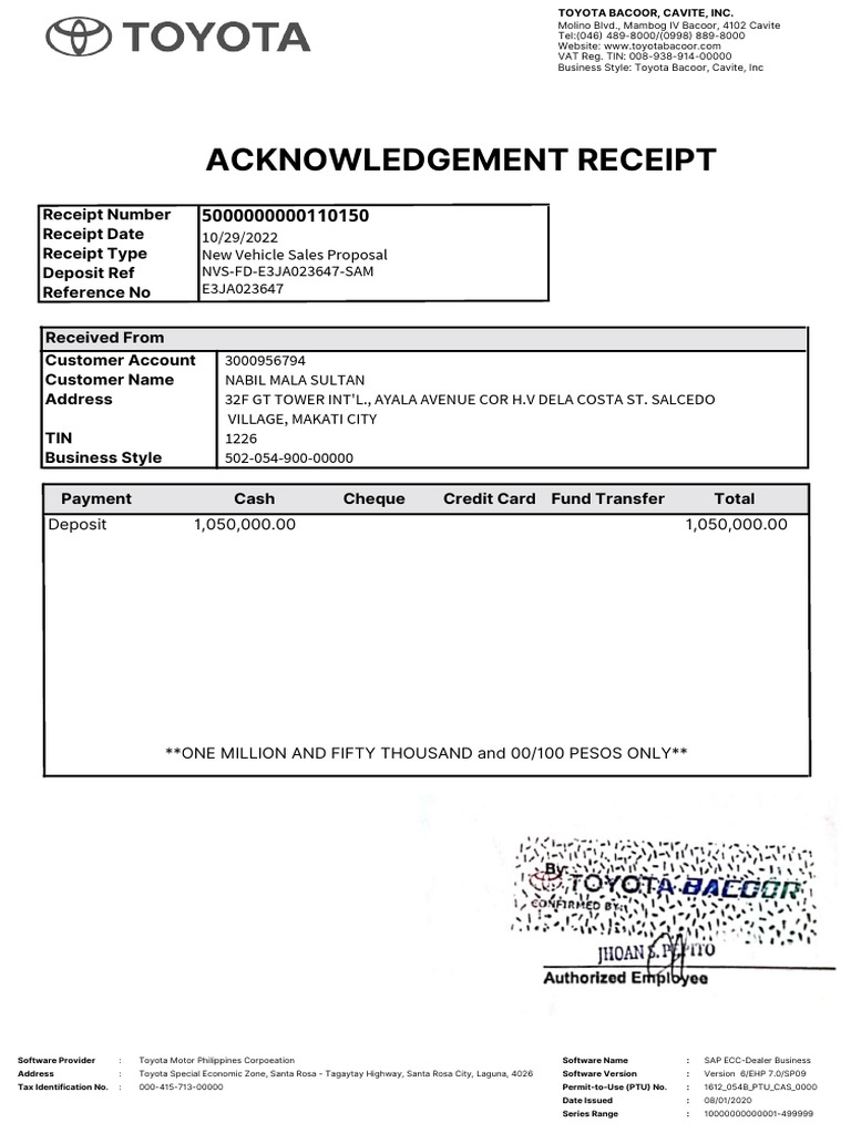 Acknowledgement Receipt for a 1,050,000 Peso Deposit on a New Vehicle ...