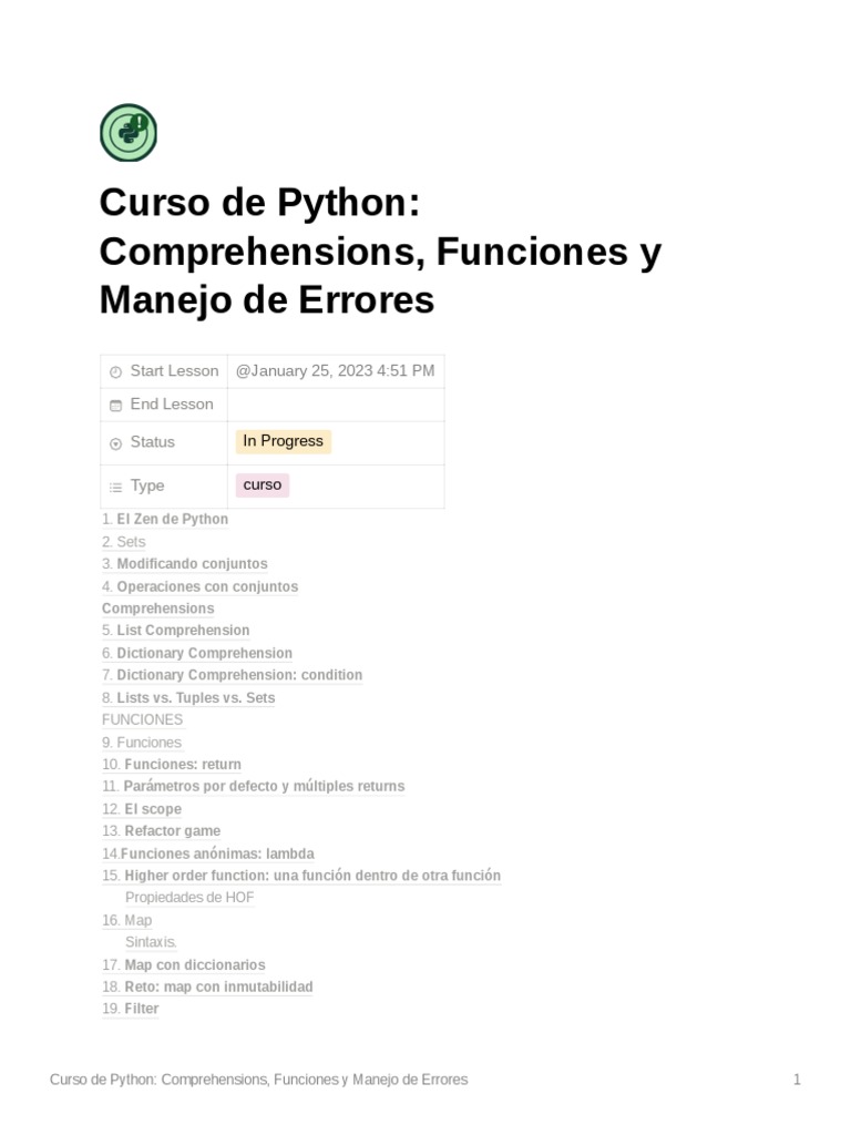 Curso de Python Comprehensions Funciones y Manejo de Errores | Descargar gratis PDF | Python ...