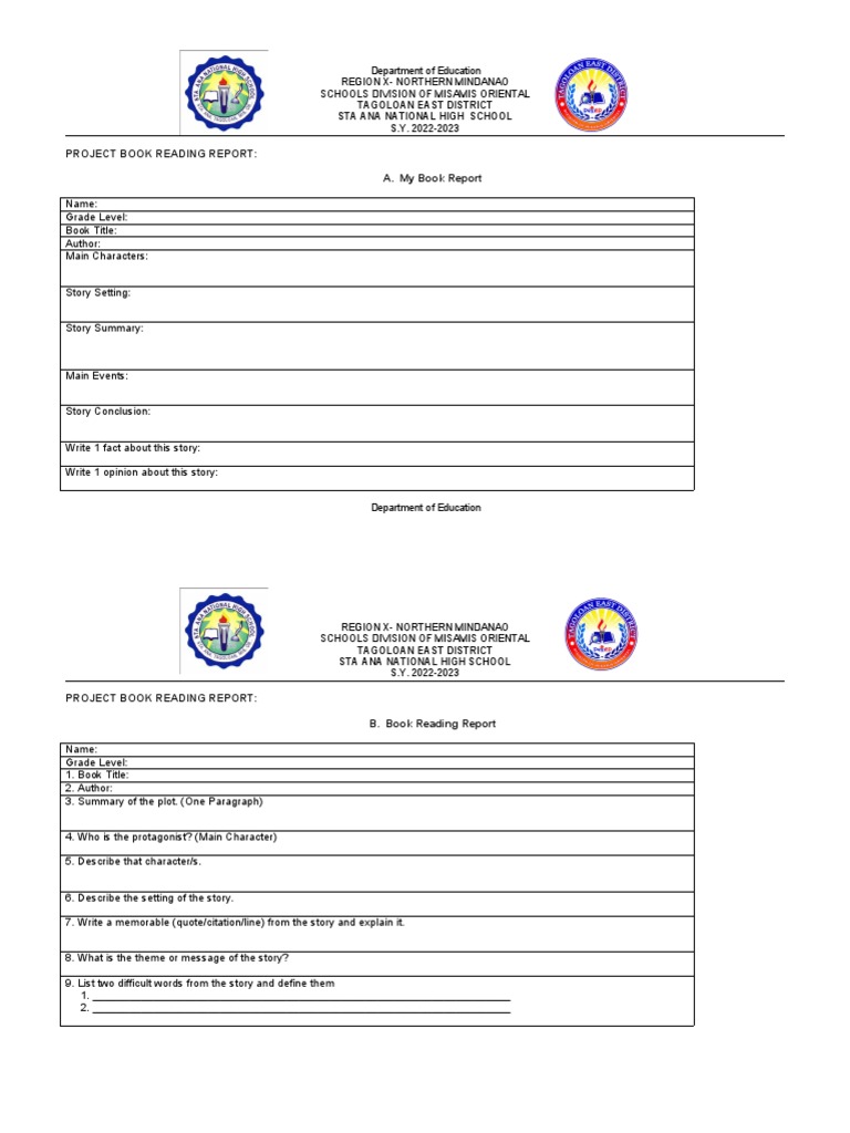Book Reading Report Template 2022-2023 | PDF