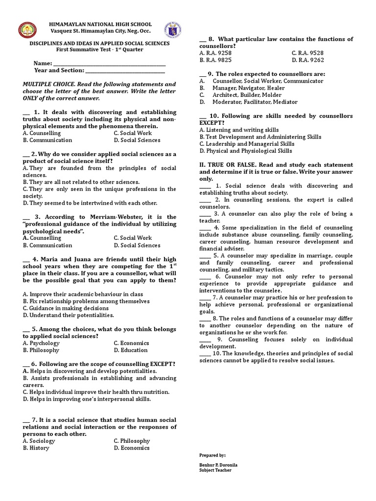 Summative Test A4 | PDF | Counseling Psychology | School Counselor