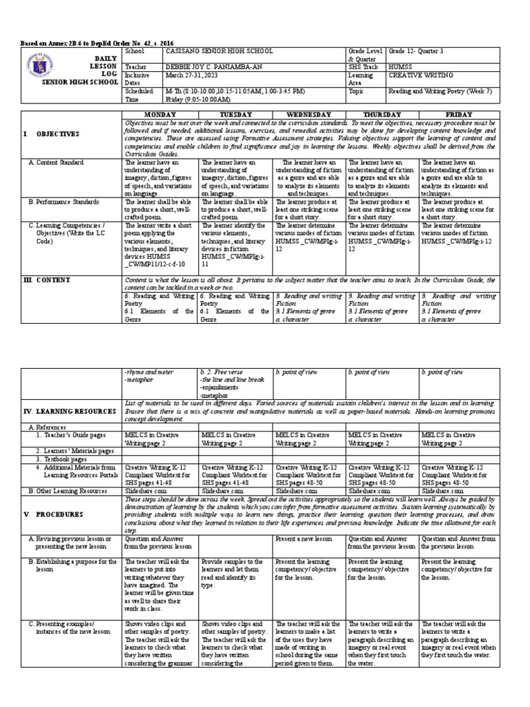 Grade 12 Creative Writing Lesson Plan | PDF | Learning | Teachers