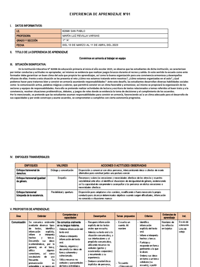 1° Grado - Experiencia de Aprendizaje N°01 | PDF | Aprendizaje | Experiencia