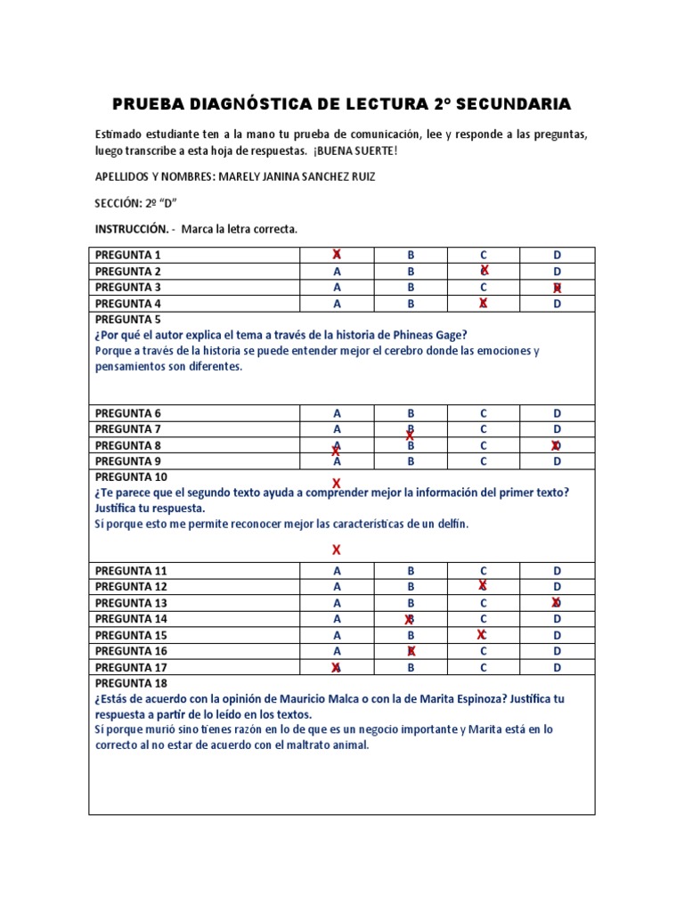 Hoja de Respuestas Prueba Diagnostica de Lectura | PDF