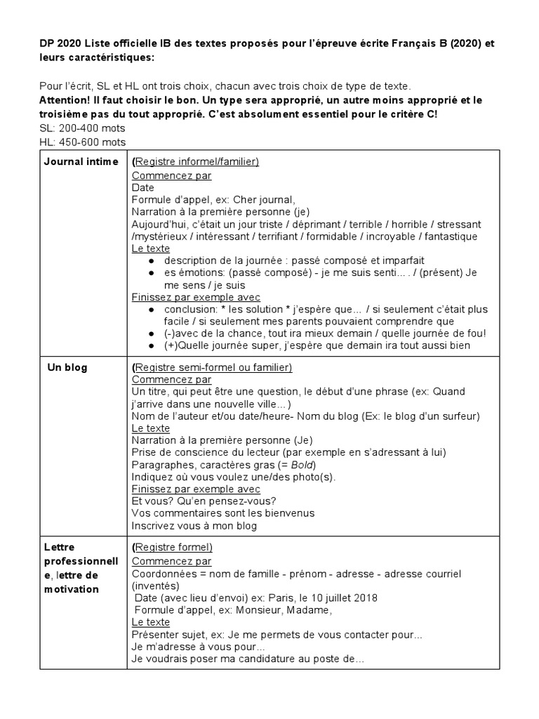 Types de textes pour l'épreuve IB 2020 | PDF | Discours (linguistique ...