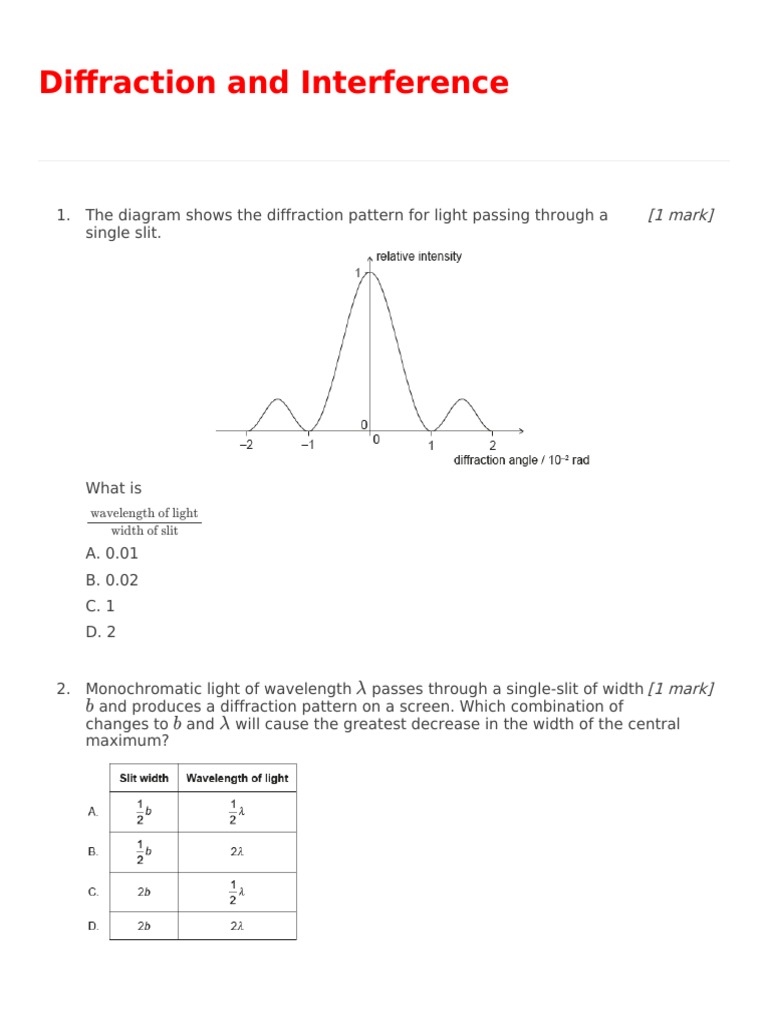 Diffraction and Interference Question Bank | PDF | Diffraction | Wavelength