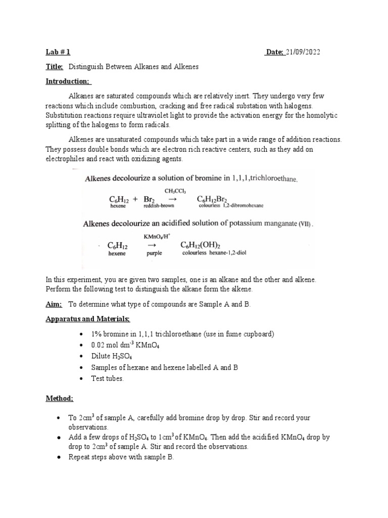 U2 Chemistry Lab 1 Pdf Alkene Alkane
