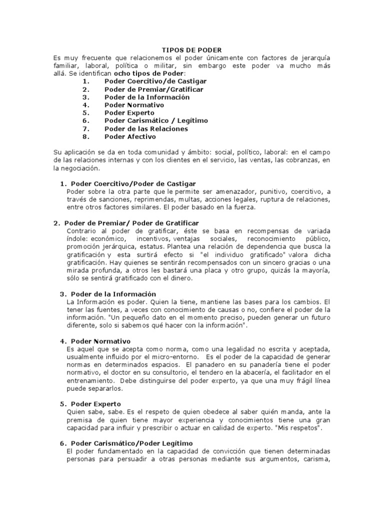 Tipos de Poder | PDF | Toma de decisiones | Liderazgo