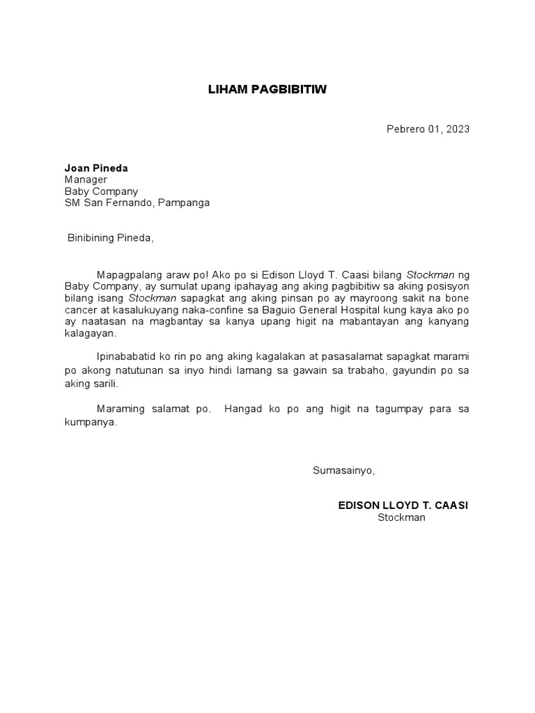 Liham Pagbibitiw Resignation Letter | PDF