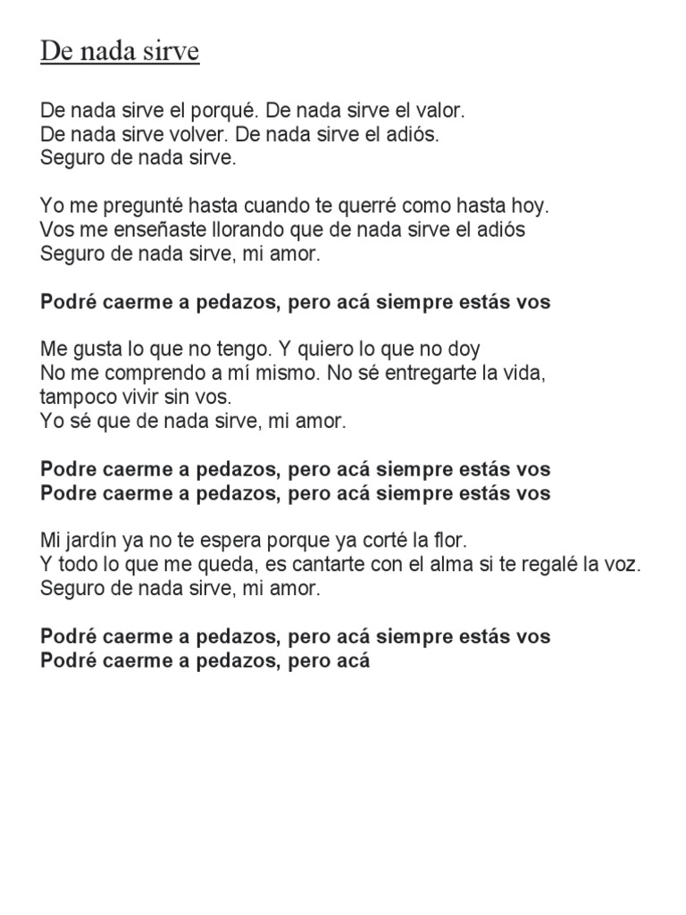 De Nada Sirve Letra | PDF