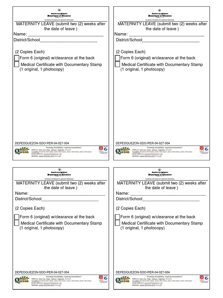 Maternity leave requirements Quezon province Philippines | PDF ...
