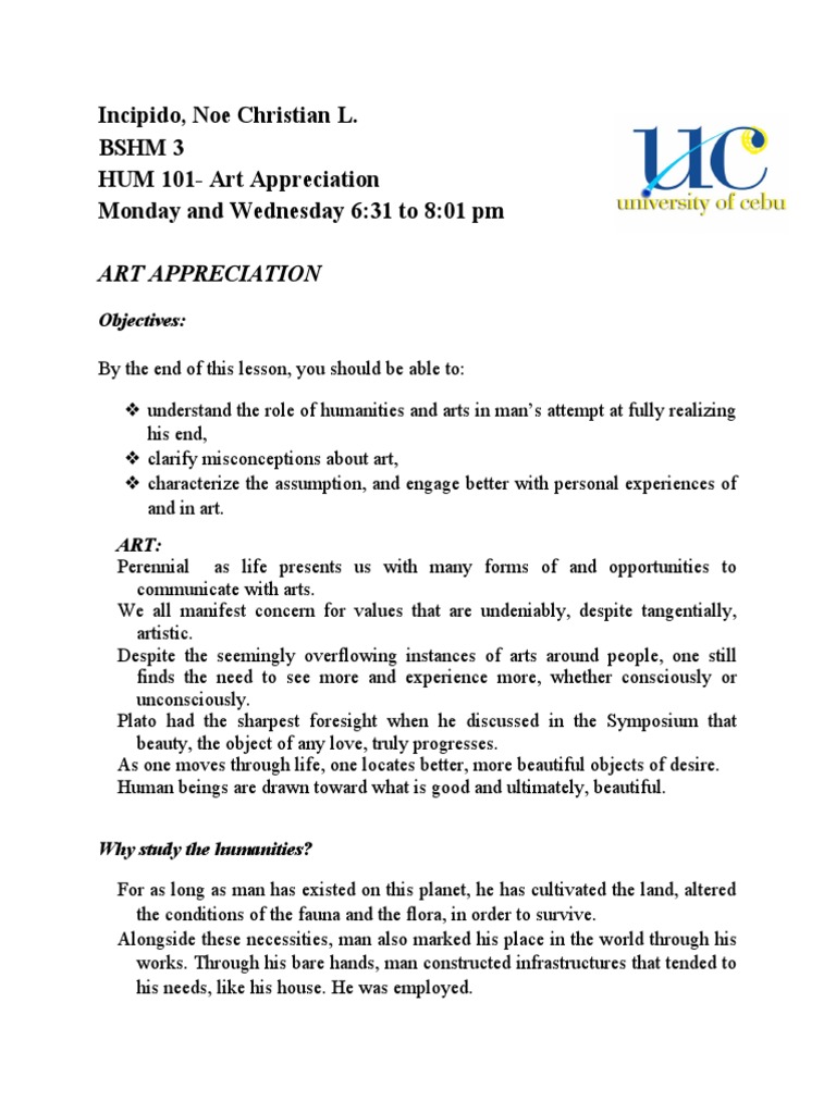 ART APPRECIATION OBJECTIVES AND ASSUMPTIONS | PDF | Experience | Paul ...