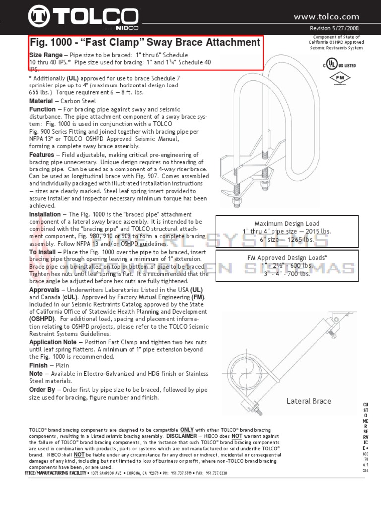 Fig. 1000 - "Fast Clamp" Sway Brace Attachment: Maximum Design Load 1 ...