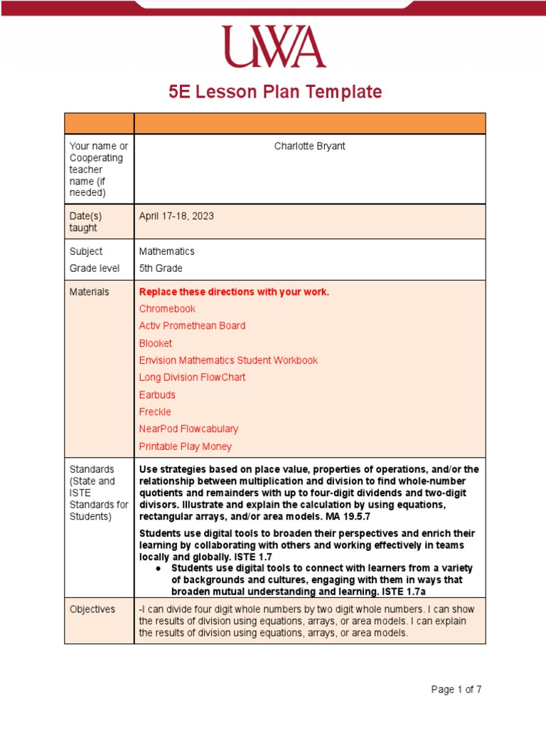 Ed508 5e Lesson Plan Template | PDF | Division (Mathematics) | Teaching