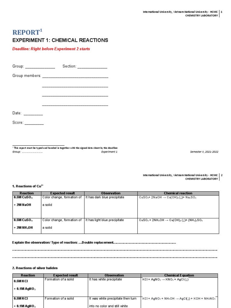 Report - Expt. 1-Chemical Reactions (15.7.22) - Pham Thai Quoc | PDF ...