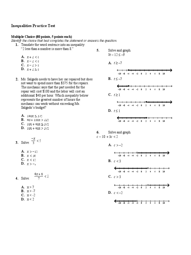 Inequalities Practice Test | PDF