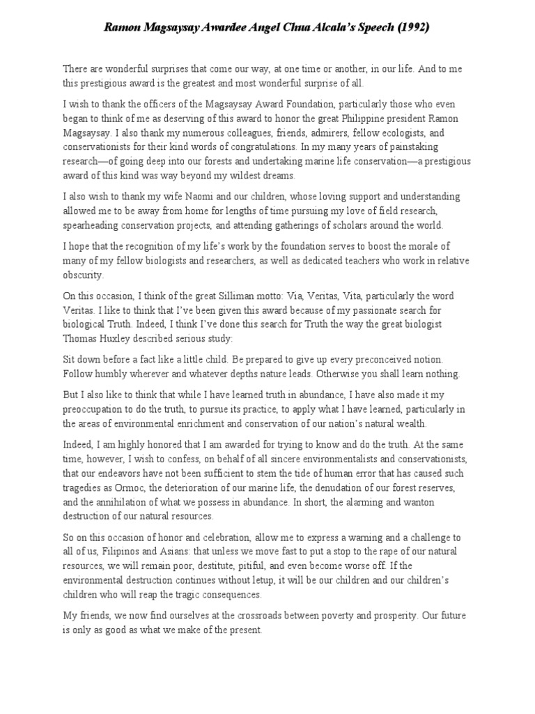 Ramon Magsaysay Awardee Angel Chua Alcalas Speech 1992 | PDF