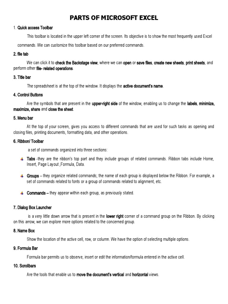 Parts of Microsoft Excel | PDF | Spreadsheet | Window (Computing)
