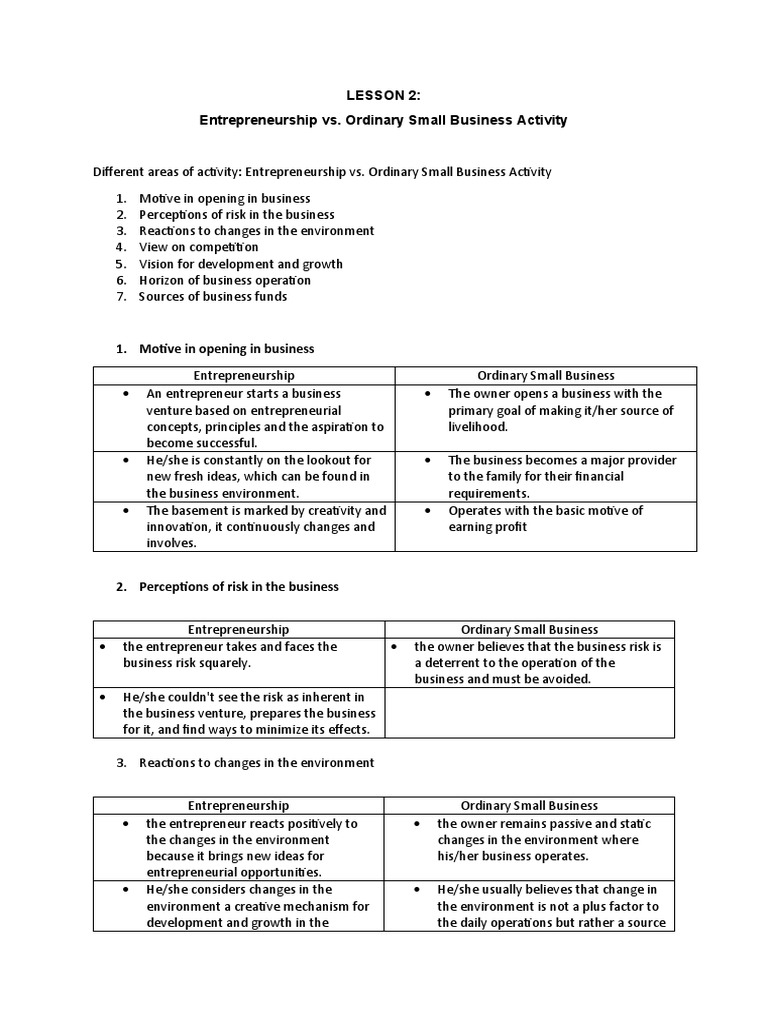 Lesson 2: Entrepreneurship vs. Ordinary Small Business Activity | PDF ...