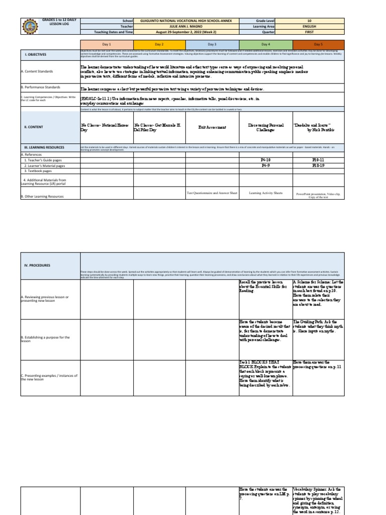 Day 1 Day 2 Day 3 Day 4 Day 5: C. Learning Competencies / Objectives Write The LC Code For Each ...