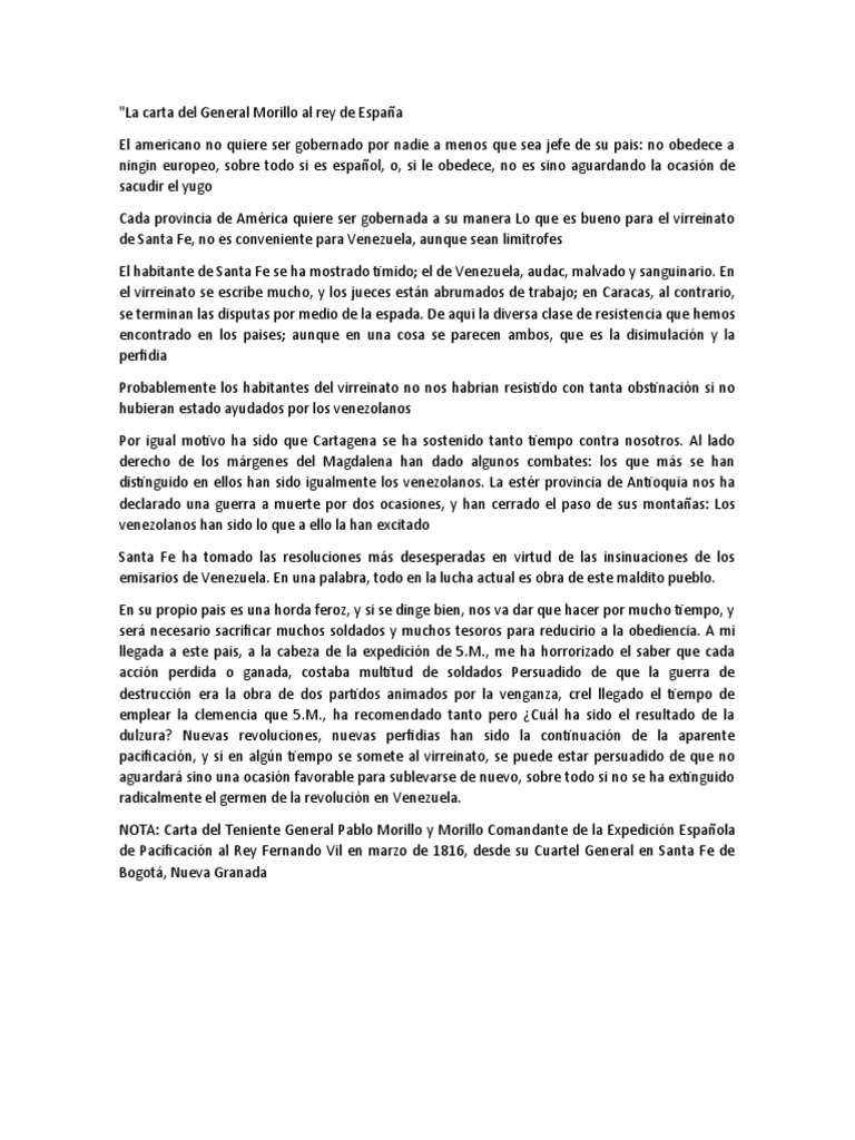 Carta Del Gral Morillo Al Rey de España | PDF | Venezuela | Conflictos