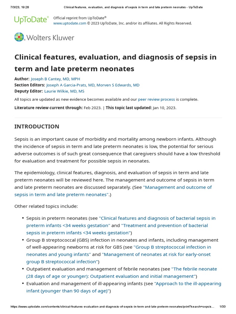Clinical Features, Evaluation, and Diagnosis of Sepsis in Term and Late ...