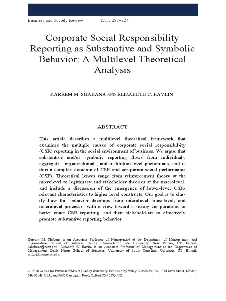 Corporate Social Responsibility Reporting As Substantive and Symbolic Behavior: A Multilevel ...