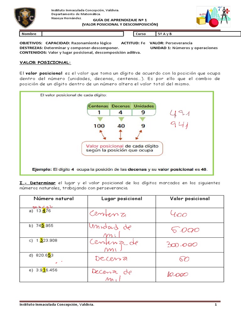 GUÍA DE APRENDIZAJE N°1 (Valor Posicional y Descomposición) | PDF ...