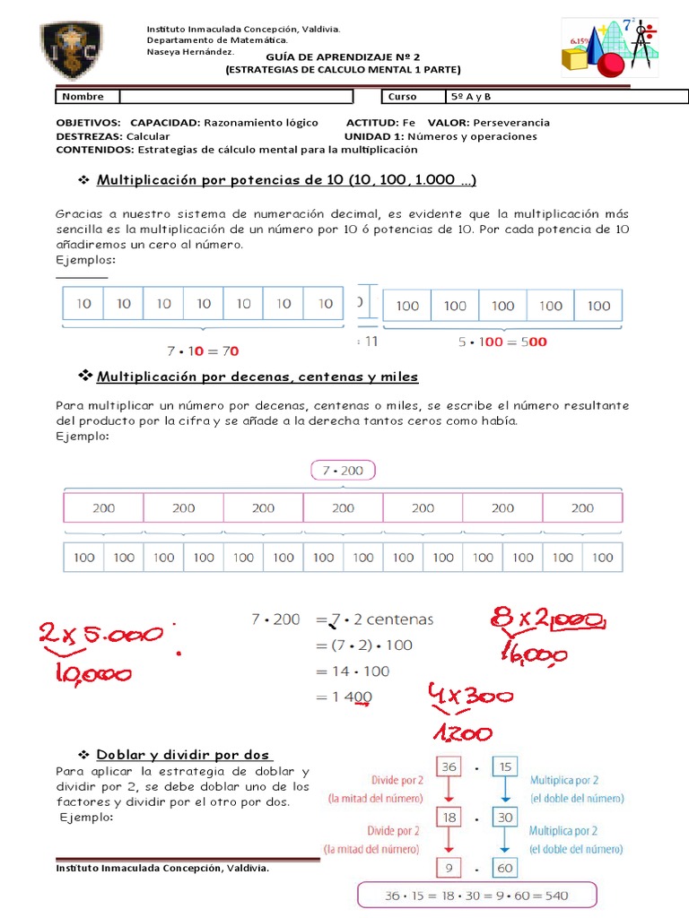 GUÍA DE APRENDIZAJE N°2 (Estrategias de Calculo Mental 1 Parte) | PDF | Multiplicación | Cognición