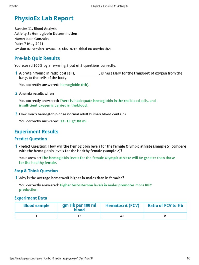 Physioex Exercise 11 Activity 3 Pdf Blood Clinical Medicine