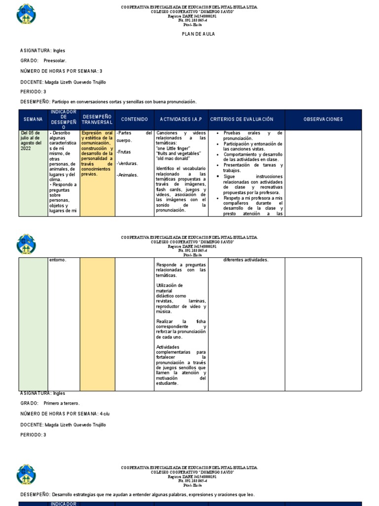 Plan de Aula Tercer Periodo Ingles y Lector Competente | PDF ...