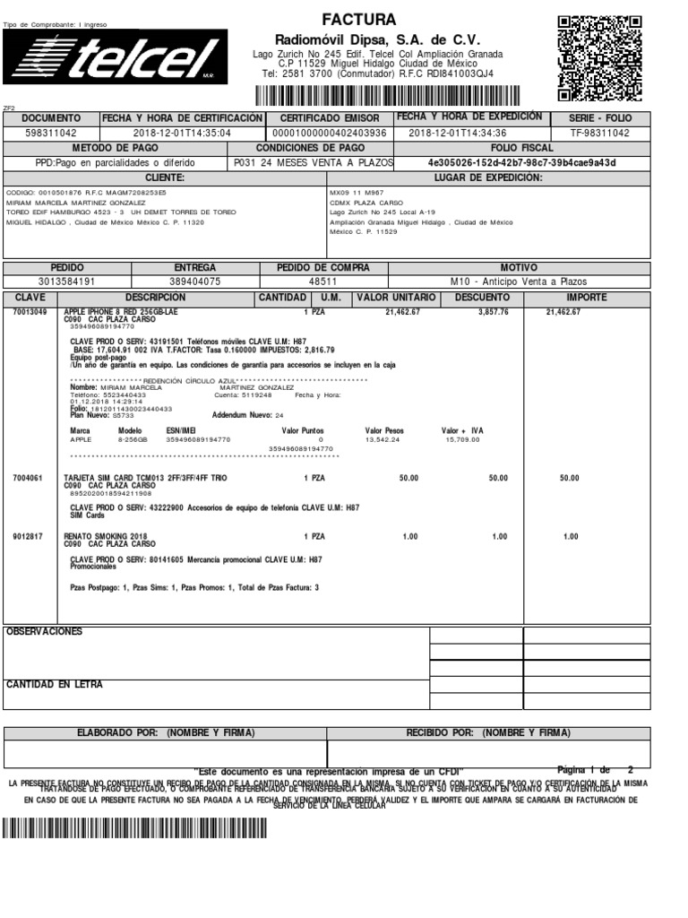 Nota de Compra Telcel | PDF | Factura