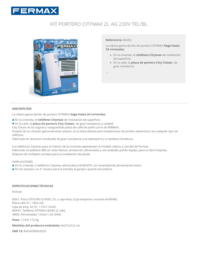 Kit Portero Citymax 2L de Fermax | PDF | Bienes manufacturados | Vehículos terrestres