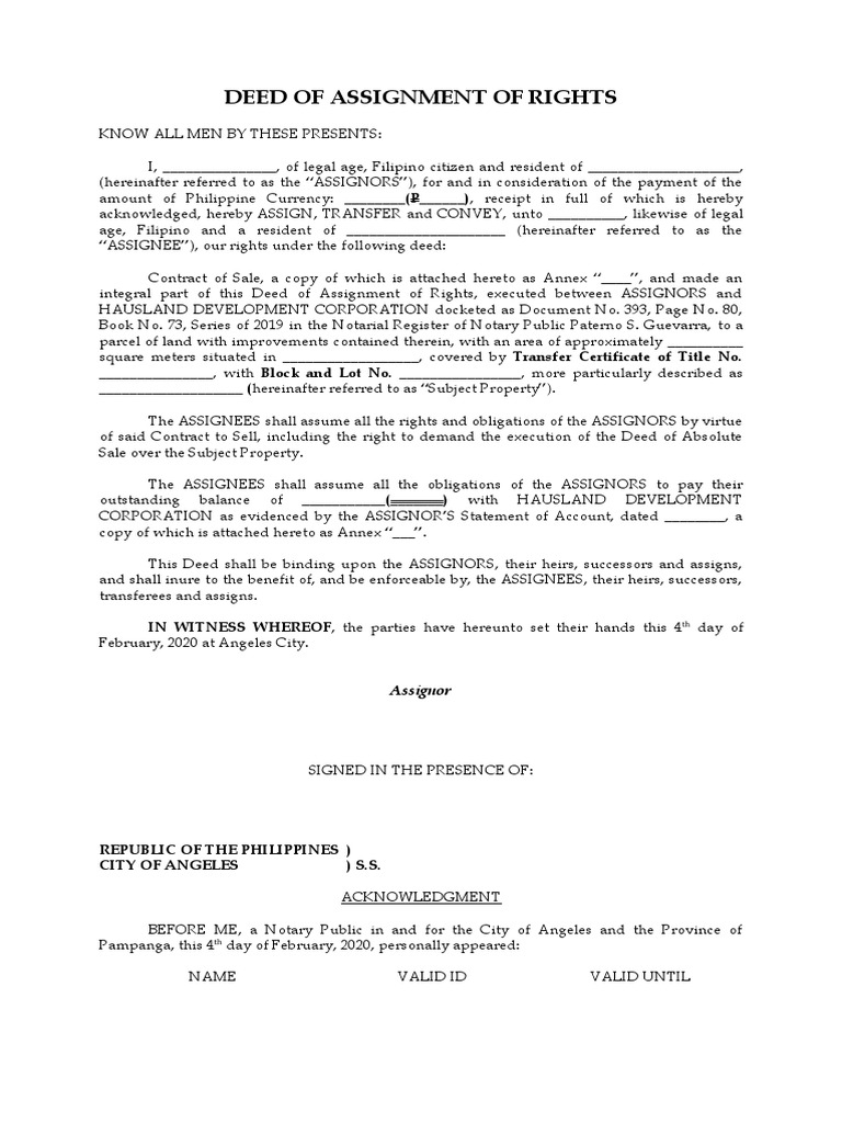 Deed of Assignment of Rights Template | PDF | Assignment (Law ...