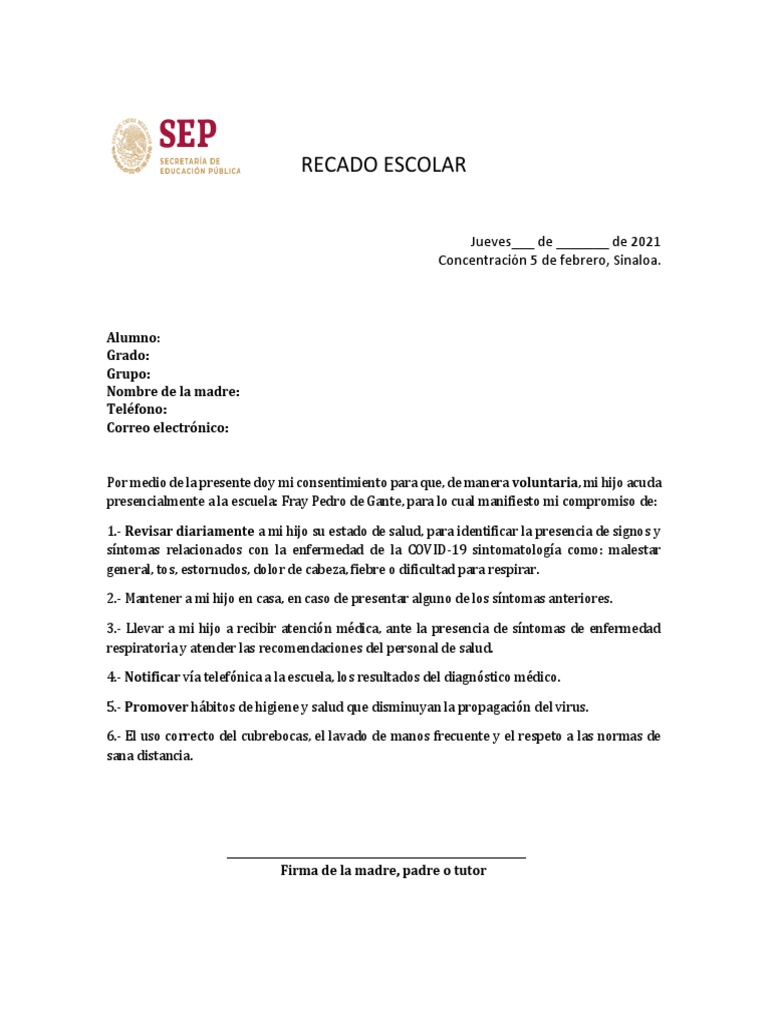 Recado Escolar: Alumno: Grado: Grupo: Nombre de La Madre: Teléfono ...