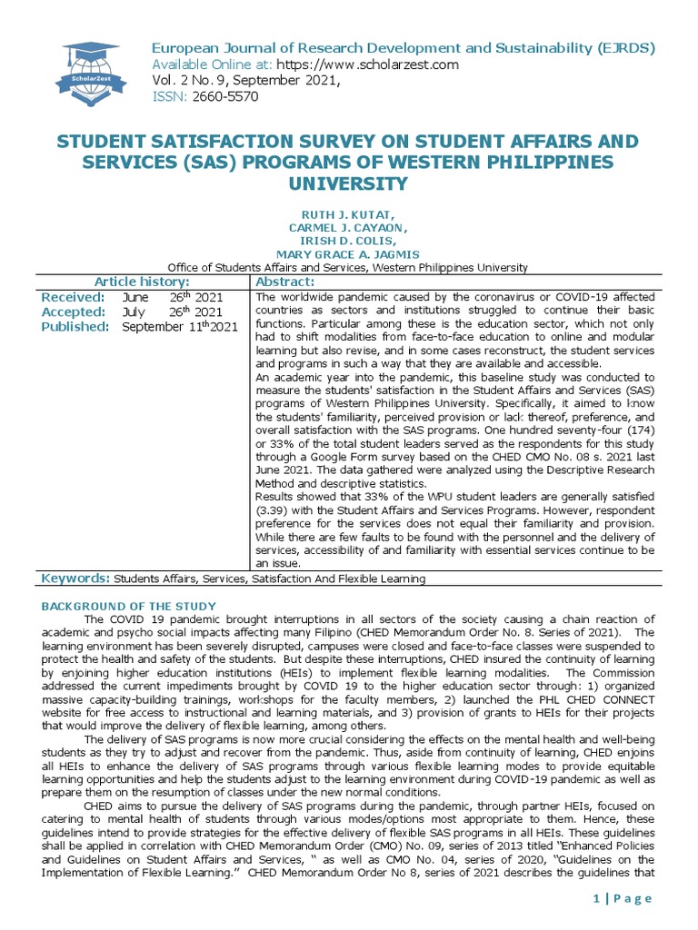 Student Satisfaction Survey On Student Affairs and Services (Sas ...