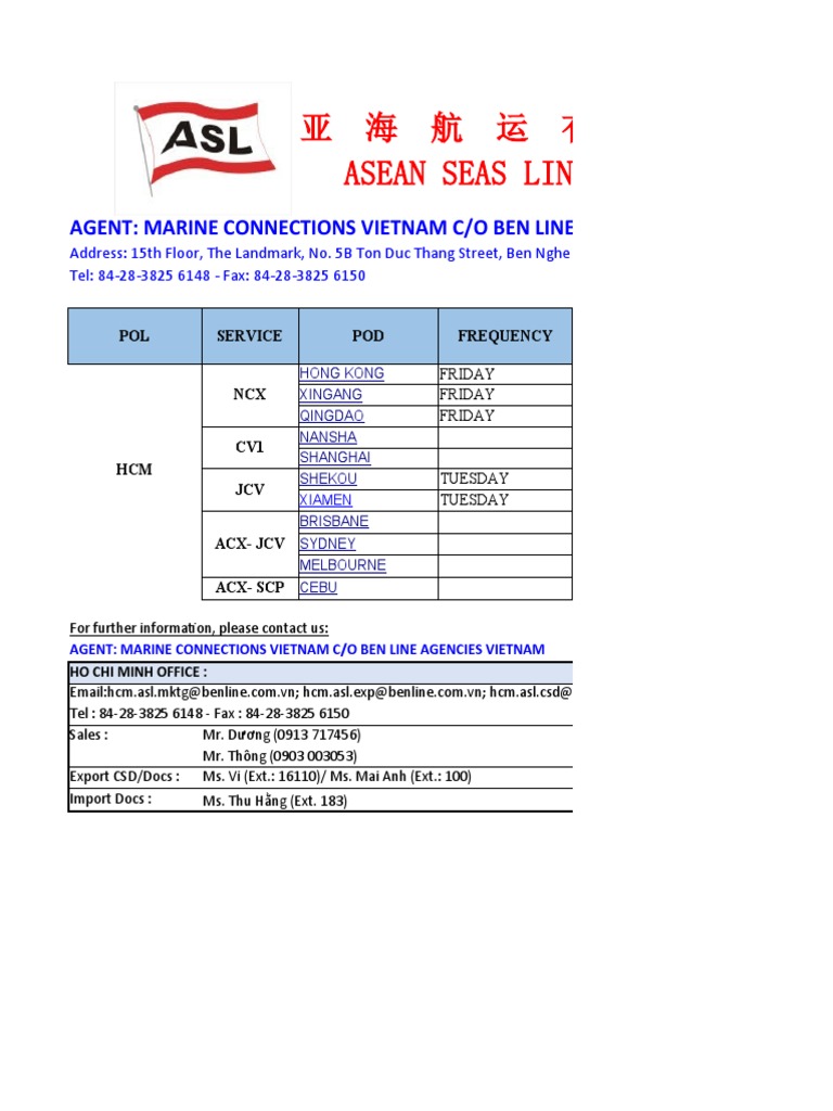亚 海 航 运 有 限 公 司 Asean Seas Line Co., Limited: Agent: Marine Connections ...