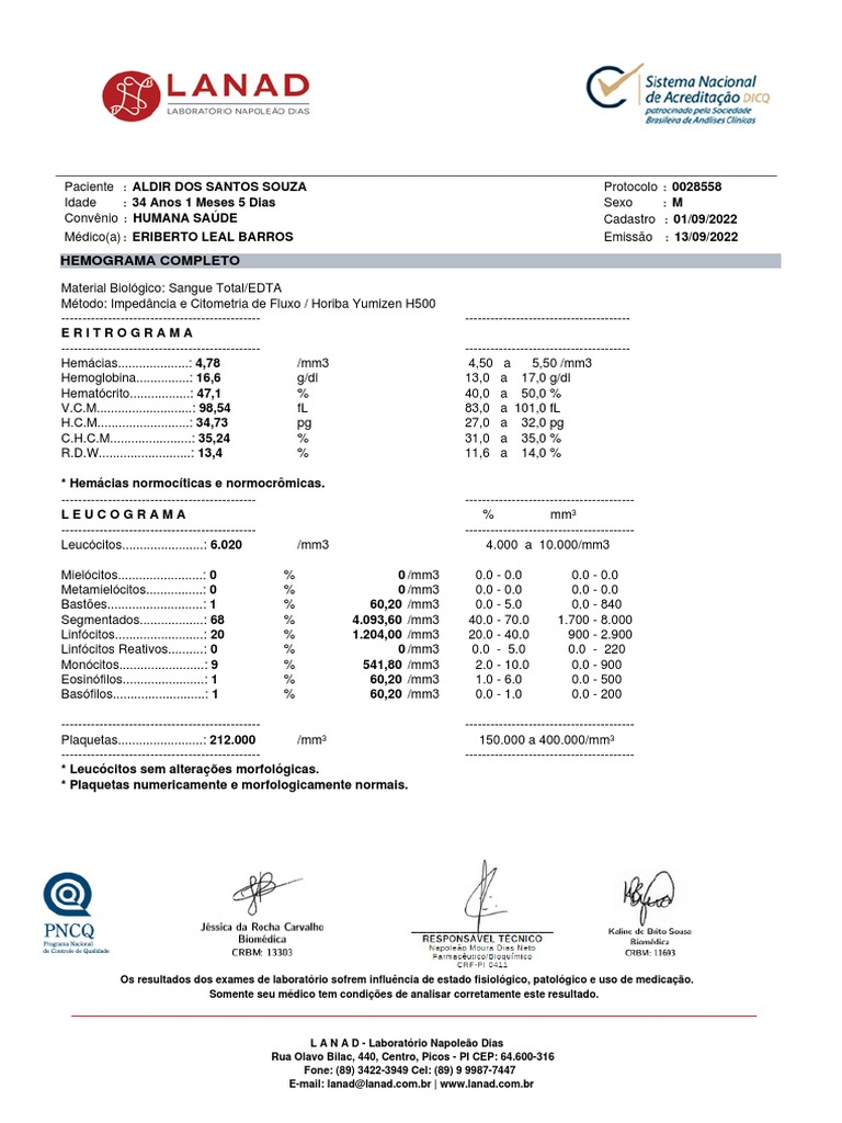 Hemograma completo e exames de glicemia, ureia e creatinina | PDF ...