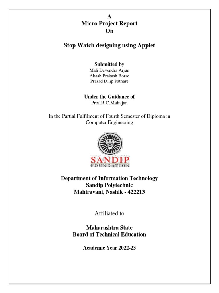 A Micro Project Report On Stop Watch Designing Using Applet: Submitted by | PDF | Java ...