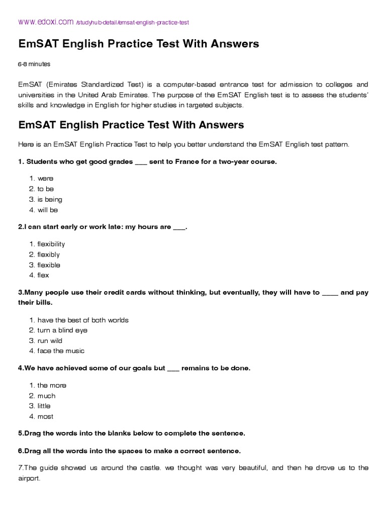 UAE EmSAT English Practice Test With Answers | PDF | English As A ...