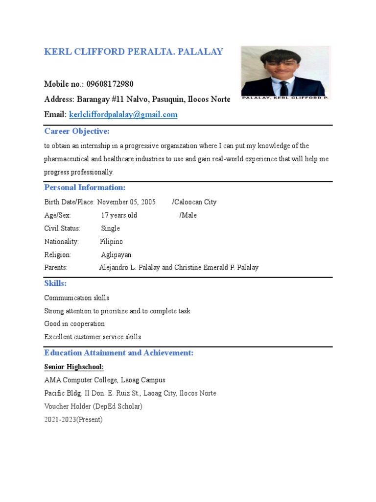 Kerl Clifford Peralta. Palalay: Mobile No.: 09608172980 Address ...