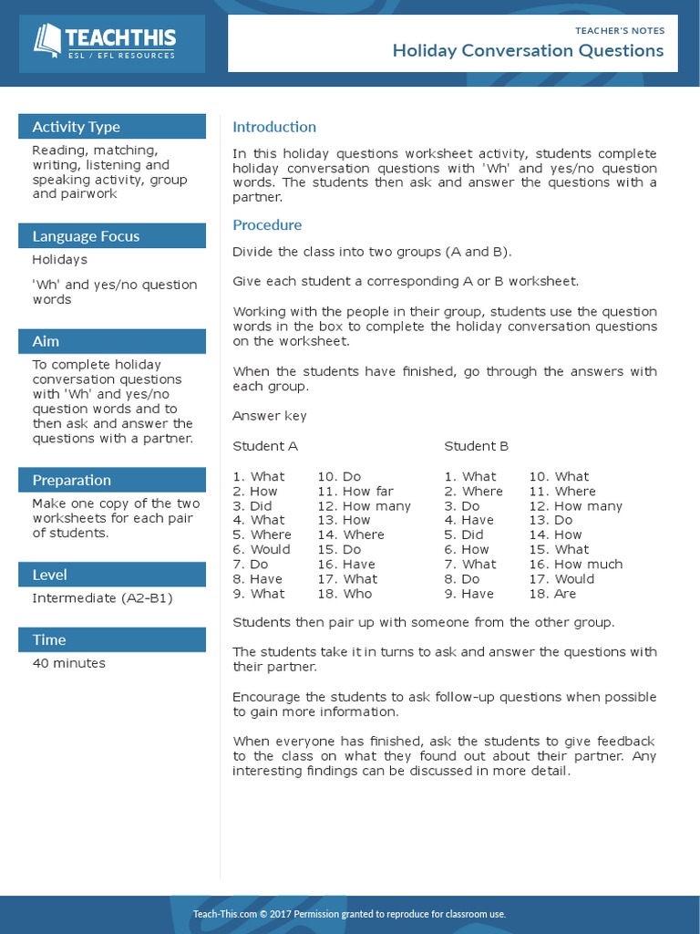Holiday Conversation Questions Worksheet | PDF | English As A Second Or ...