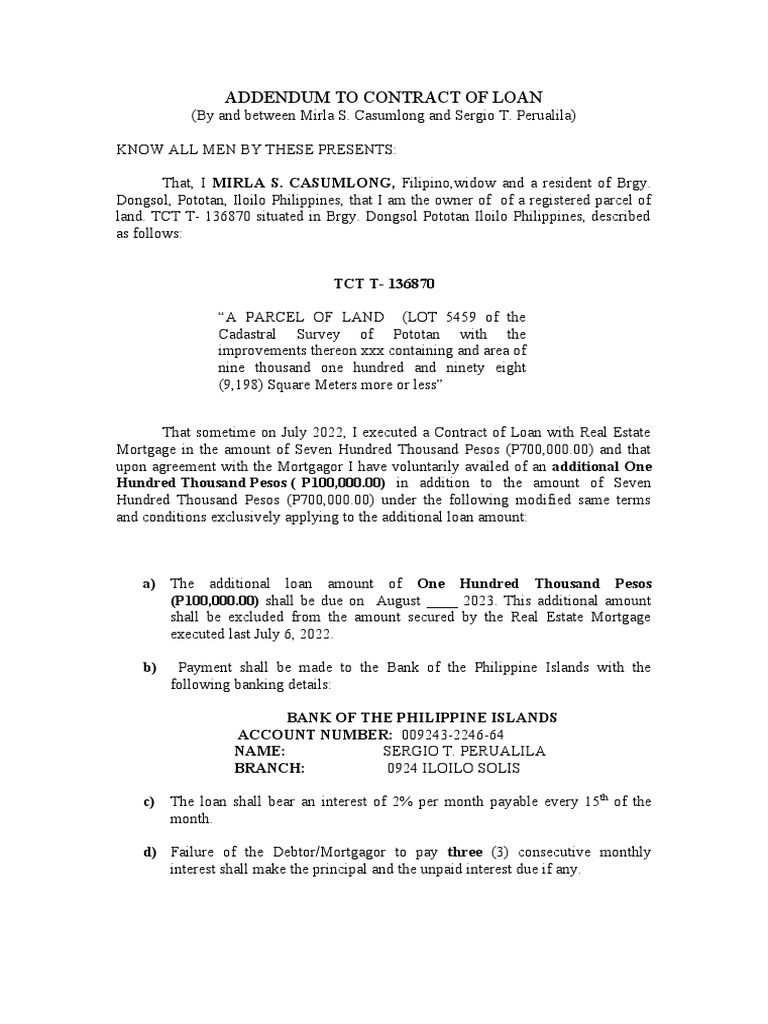 Addendum To Contract of Loan (Casumlong) | PDF | Mortgage Law | Civil ...