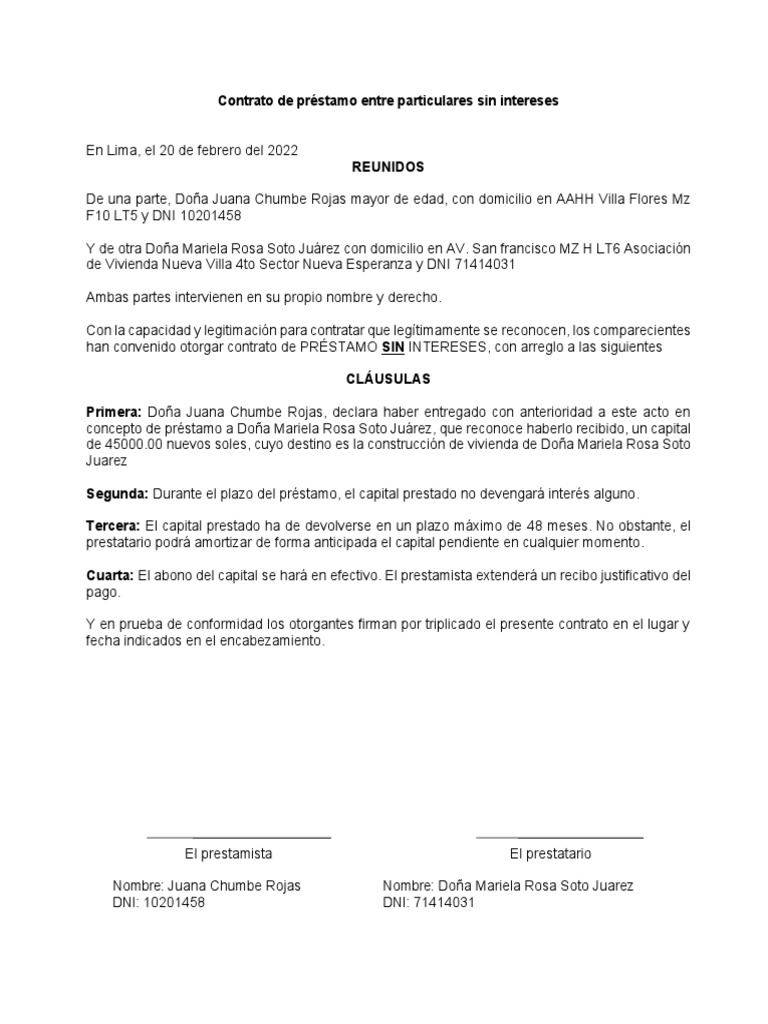 Contrato de Préstamo Entre Particulares Sin Intereses | PDF