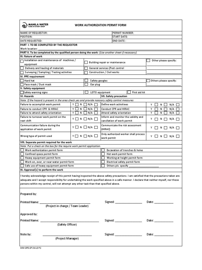 Work Authorization Permit. | PDF | Personal Protective Equipment | Safety