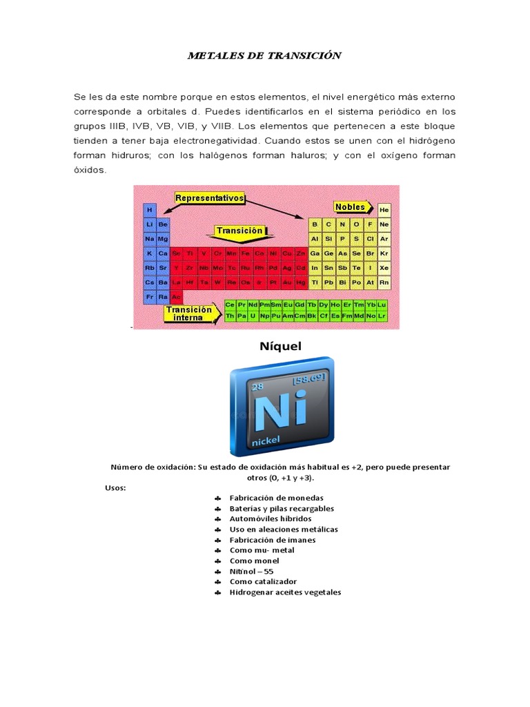 Metales de Transición y Usos del Níquel | PDF | Tecnología