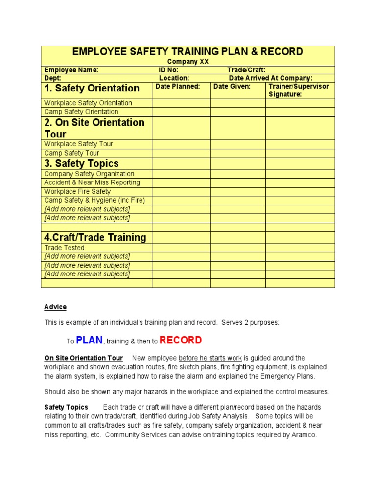 9 & 10 Employee Safety Training Plan Record | PDF