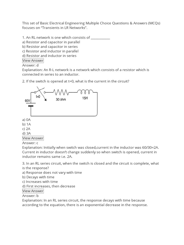 TRANSIENT ANALYSIS LR MCQs 2 | PDF | Electrical Network | Series And Parallel Circuits
