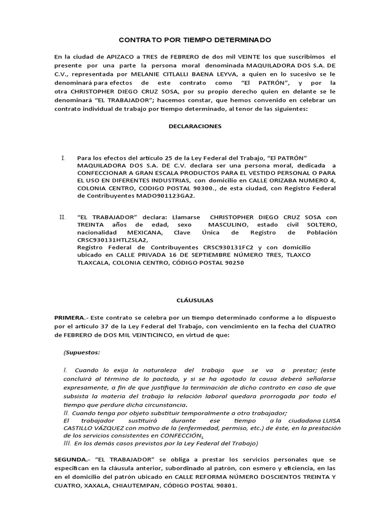 Contrato tiempo determinado | PDF | Salario | Tiempo de trabajo