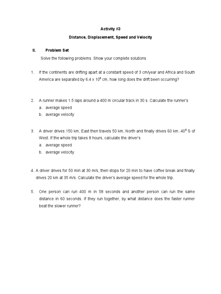 Activity #3 Distance, Displacement, Speed and Velocity II. Problem Set ...